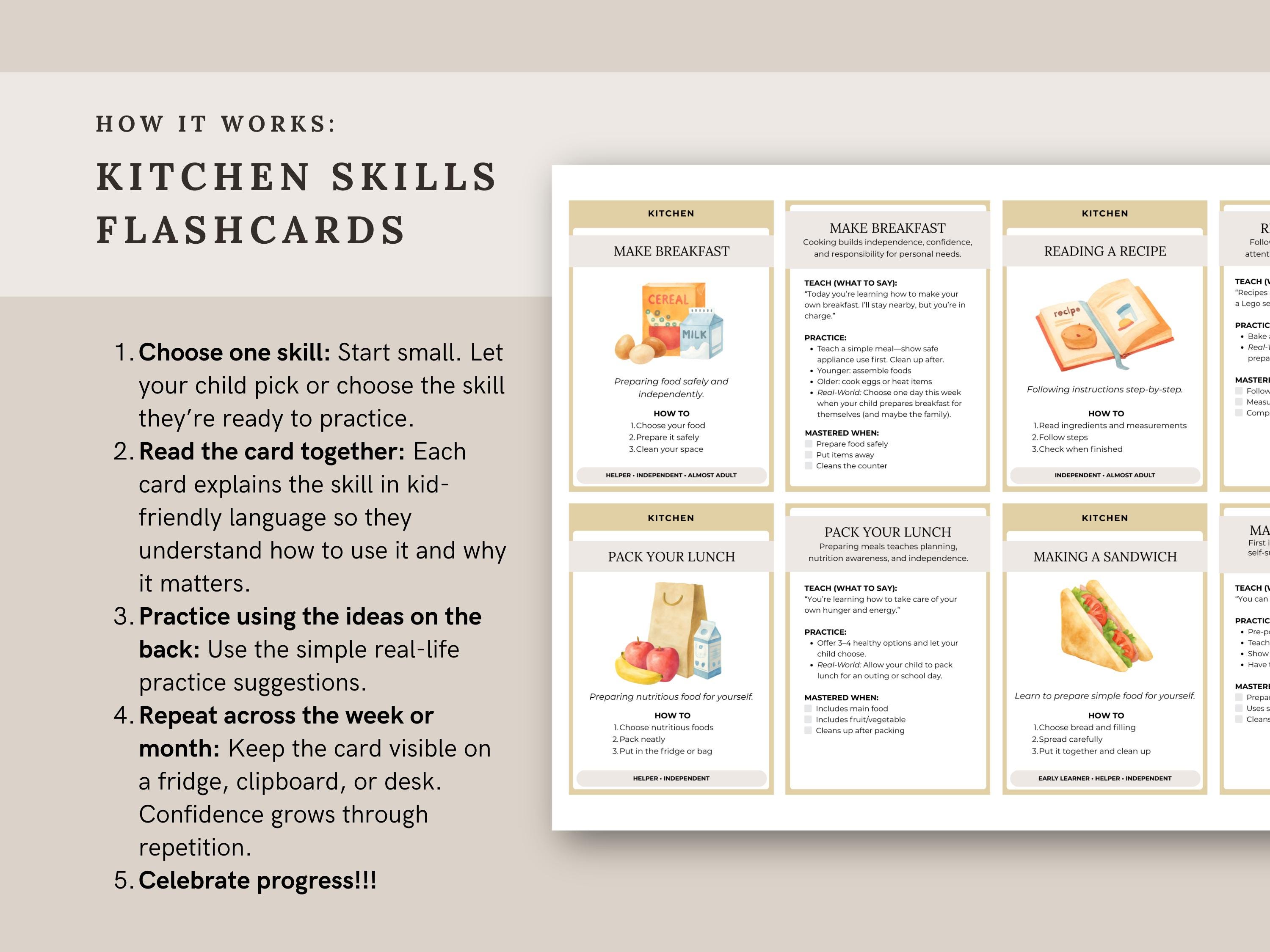 Kitchen Skills Flashcards Printable for Kids | Life Skills Cards ...
