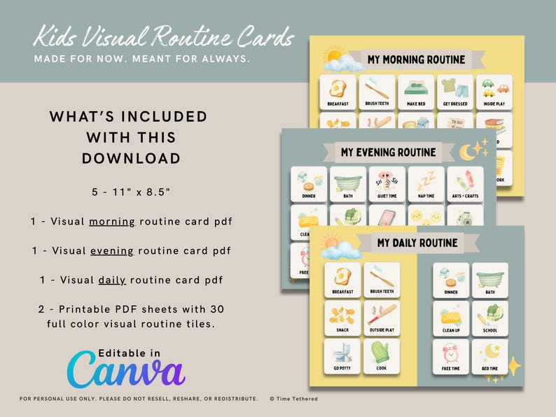 Editable Kids Visual Routine Chart | Canva Morning and Evening Rhythm Cards for Toddlers ...