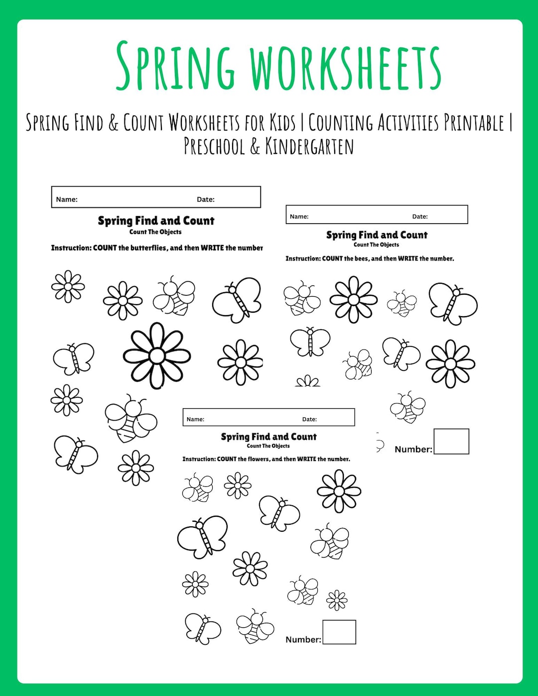 Spring Find & Count Worksheets for Kids | Counting Activities Printable ...
