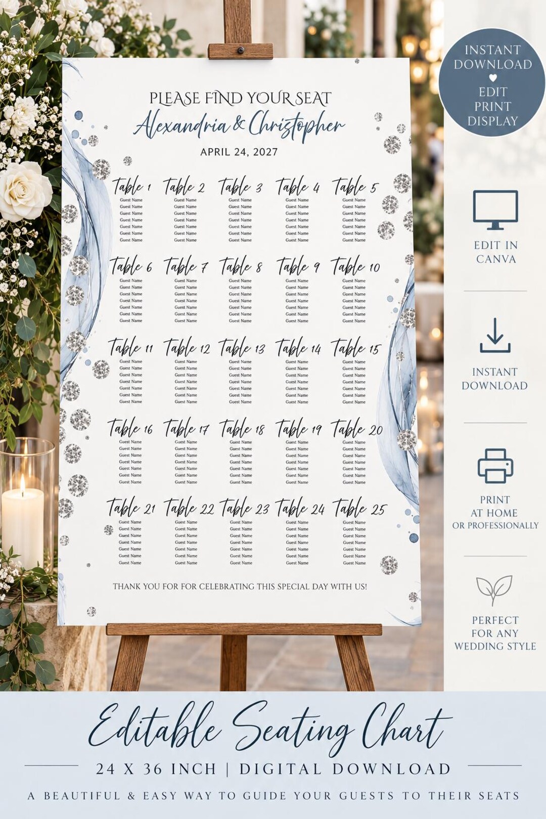 Editable Wedding Seating Chart Template, Blue Silver Watercolor, Canva ...