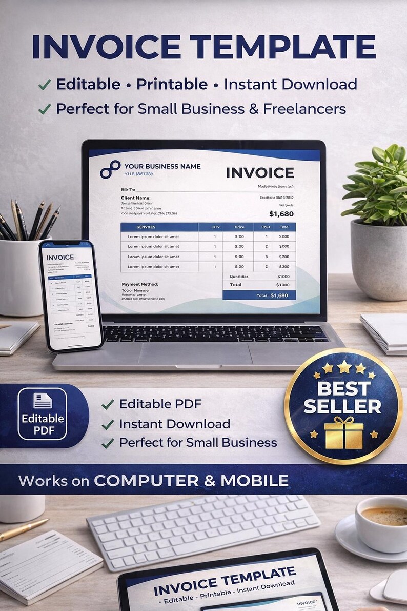 Modern Invoice Template Editable PDF for Small Business - Etsy