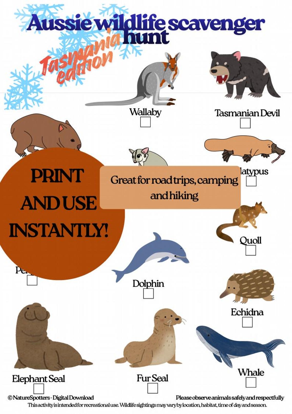 Australian Tasmania Wildlife Scavenger Hunt | Travel Animal Checklist ...