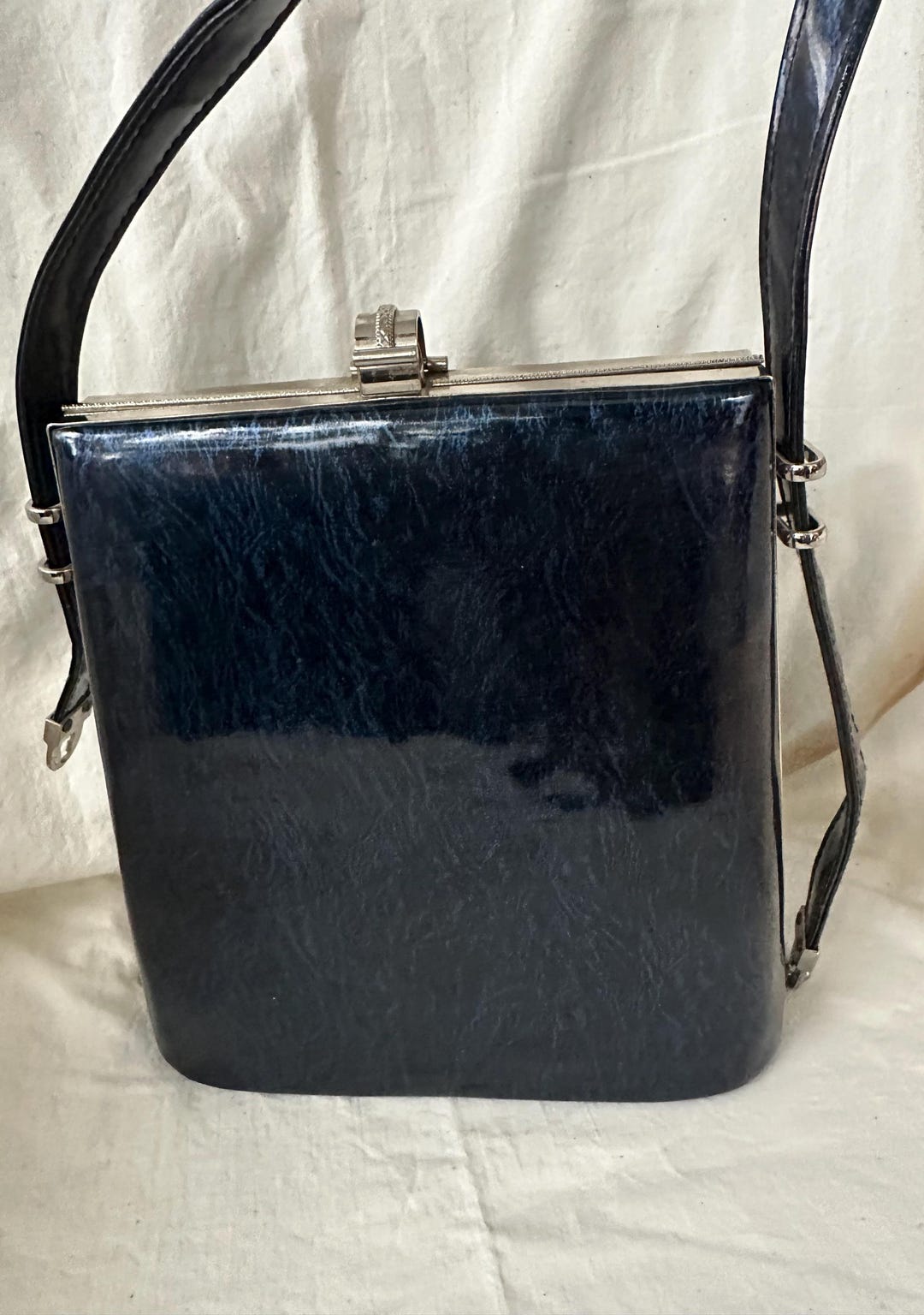Navy Blue Patton Leather Handbag, Adjustable Strap. - Etsy