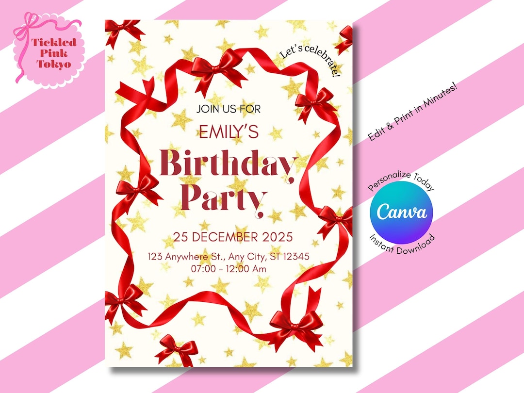 Starry Night Quinceanera Invitation, Red Ribbon, Gold Stars (editable ...