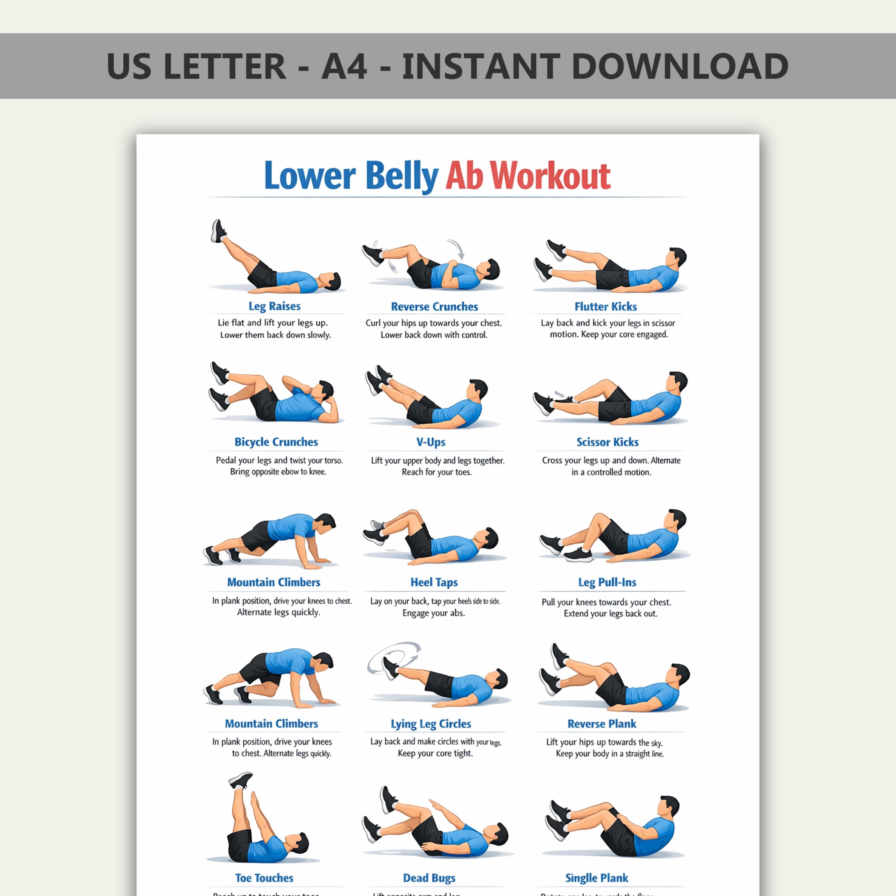 Lower Belly Abs Workout Plan Pdf, Exercise Chart for Adults, Printable ...