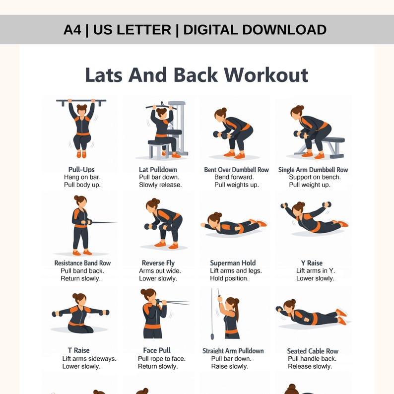 Lats And Upper Back Workout Printable Pdf Lat And Back Exercise Chart