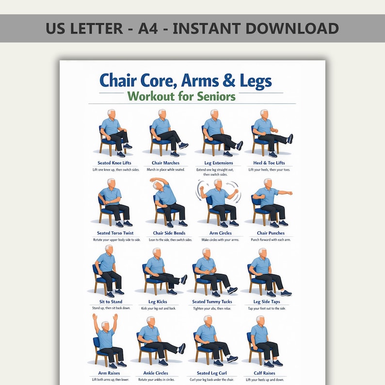 Chair Exercises for Seniors Poster | Seated Core Arms & Legs Workout ...