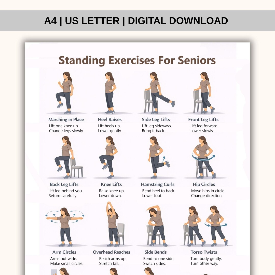 Gentle Standing Exercise Chart for Seniors, Low-impact Balance Routine ...