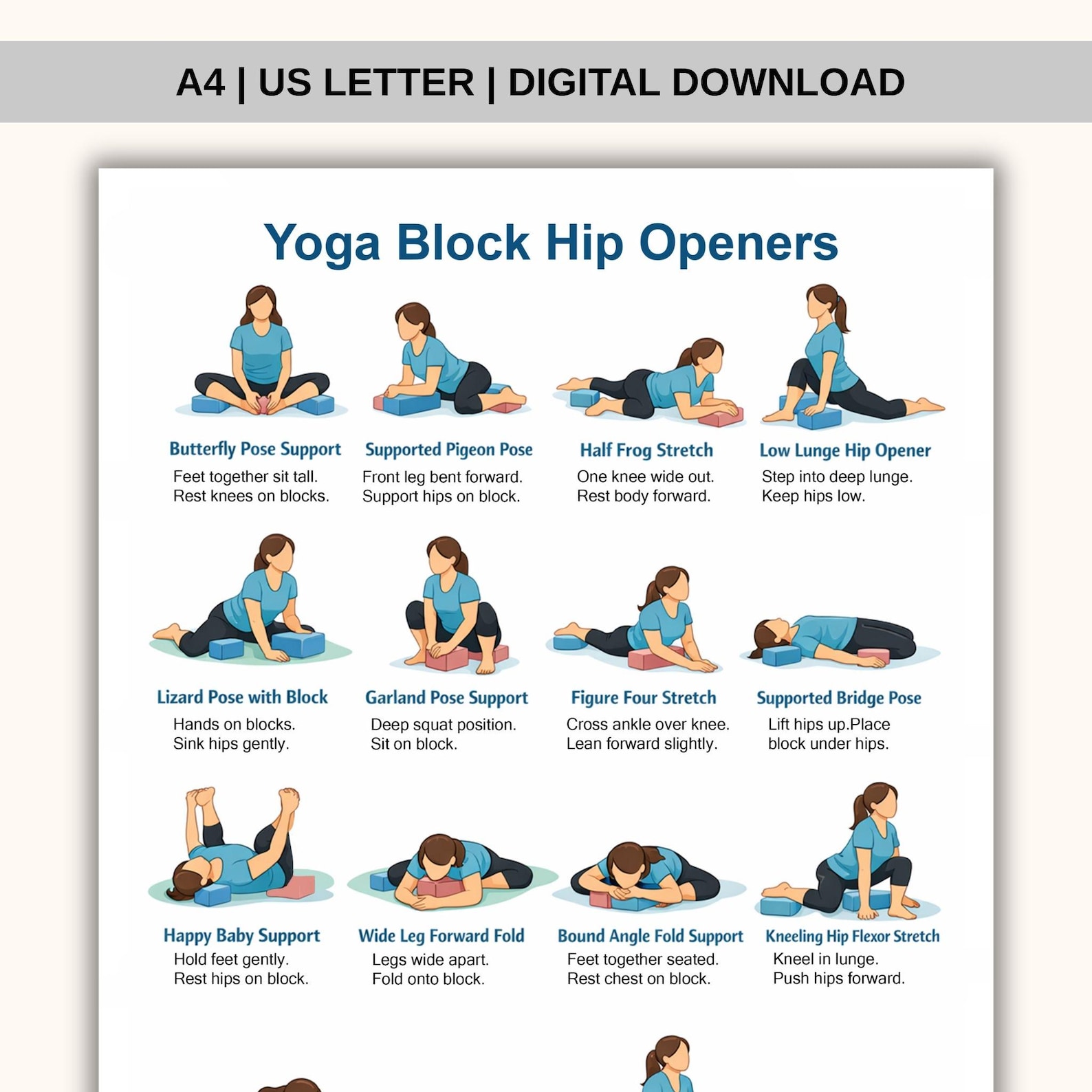 Yoga Block Hip Opener Poster | Yoga Pose Names Chart | Studio Wall Art ...