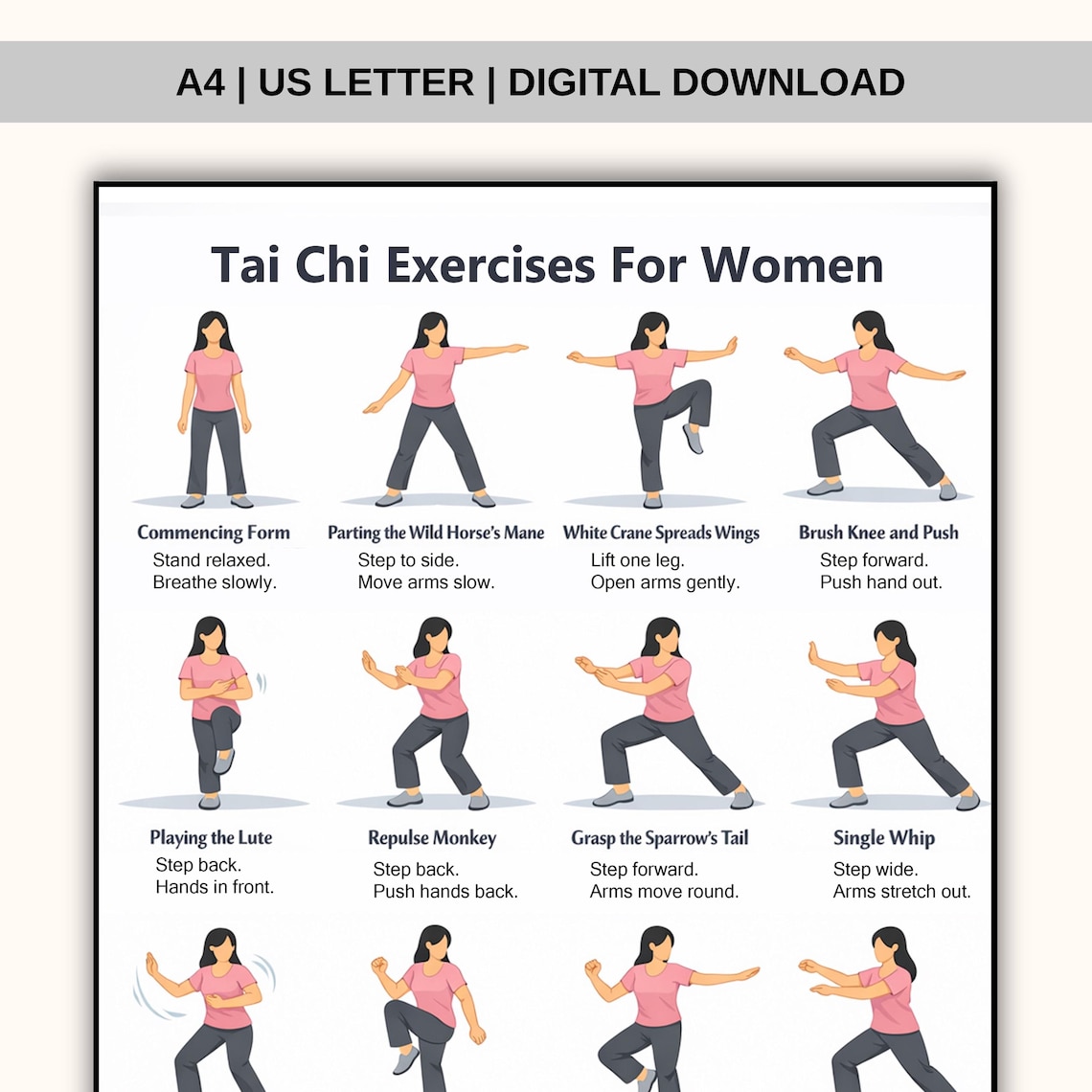 Tai Chi Exercise for Women, Tai Chi Exercise Chart, Printable Exercise ...