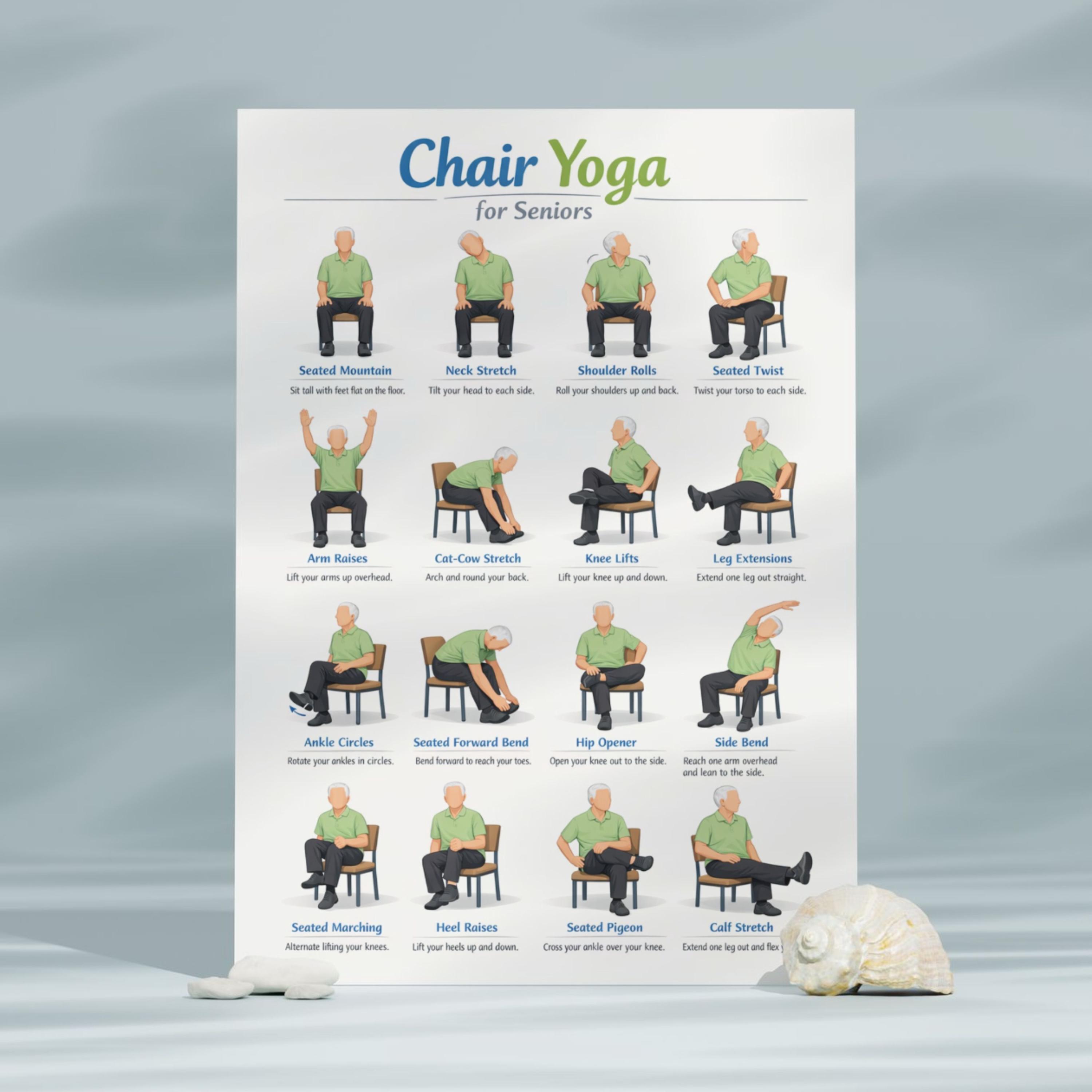 Chair Yoga for Seniors, Seated Chair Exercises Printable, 16 Pose ...
