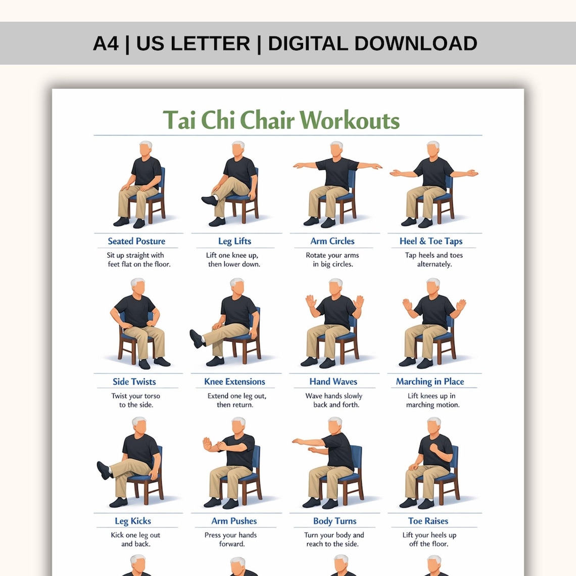 Printable Tai Chi Chair Workouts, Tai Chi Exercise Chart, Tai Chi Chair ...