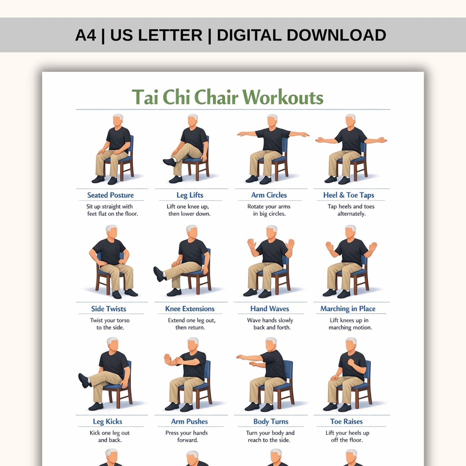 Printable Tai Chi Chair Workouts, Tai Chi Exercise Chart, Tai Chi Chair ...