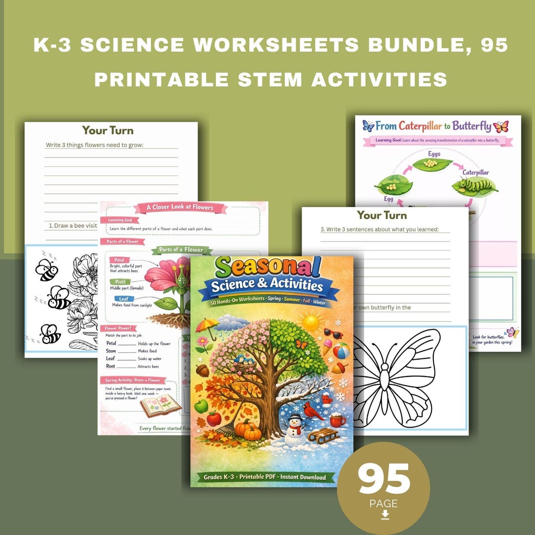 K-3 Science Worksheets Bundle, 95 Printable STEM Activities (digital ...