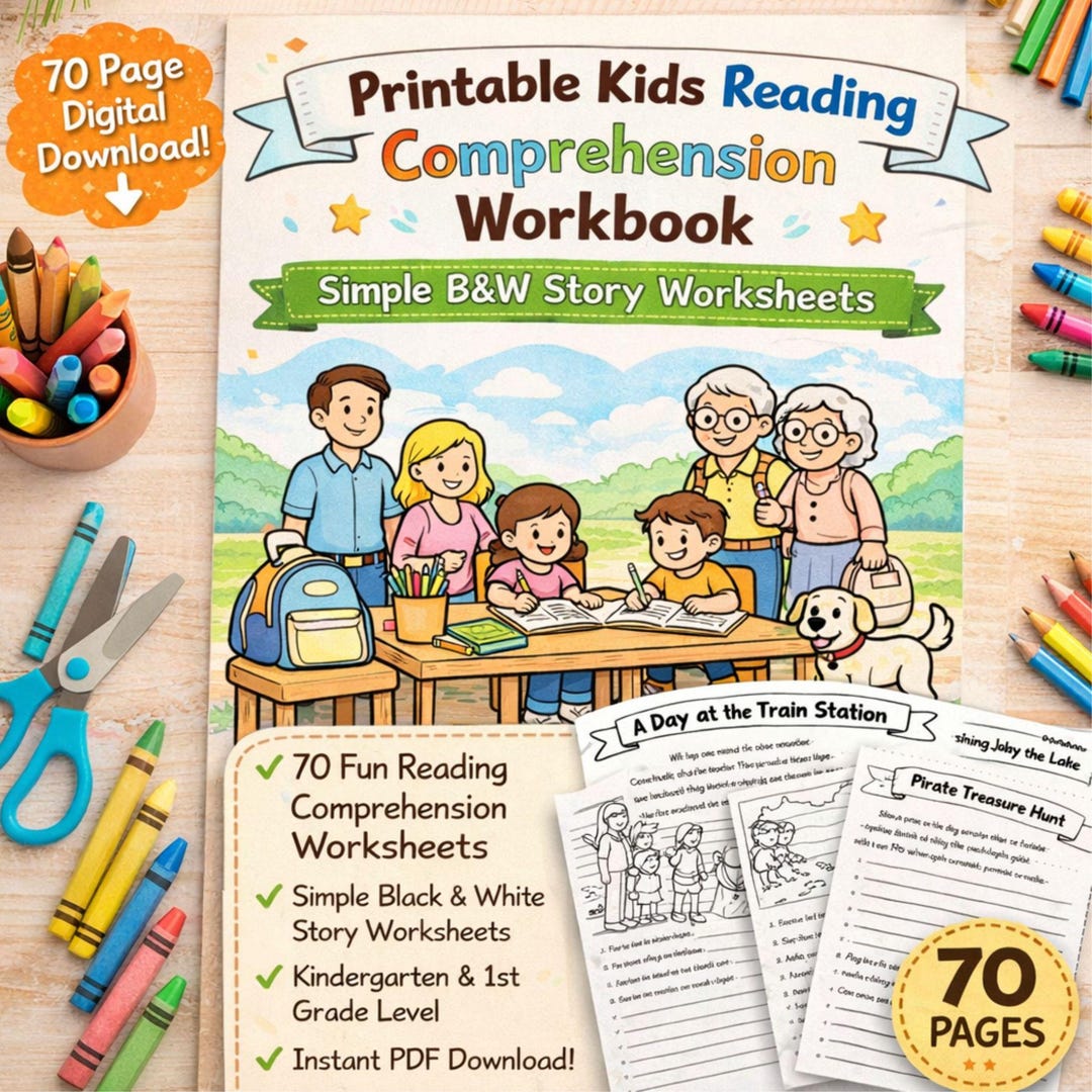 Kids Reading Comprehension Workbook – 70 Page B&W Story Worksheets (PDF ...