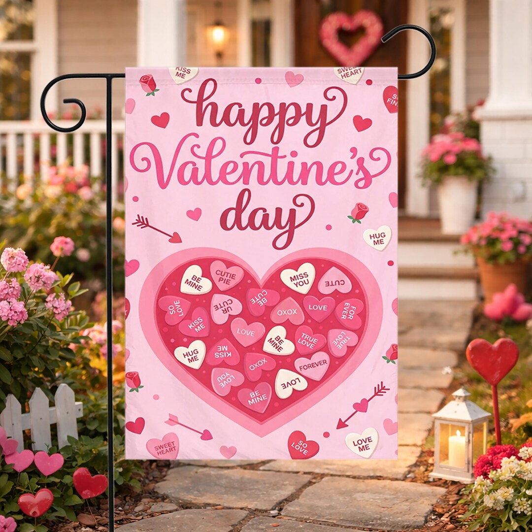 Happy Valentine’s Day Garden Flag, Conversation Hearts Yard Flag ...
