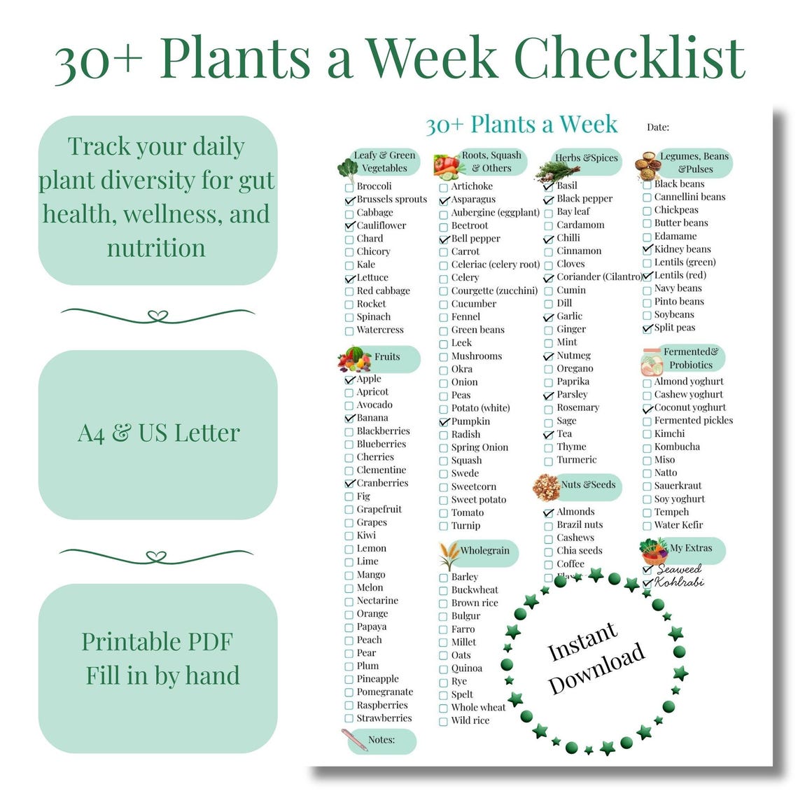 30+ Plants a Week Checklist | Gut Health Tracker (printable PDF A4/US ...