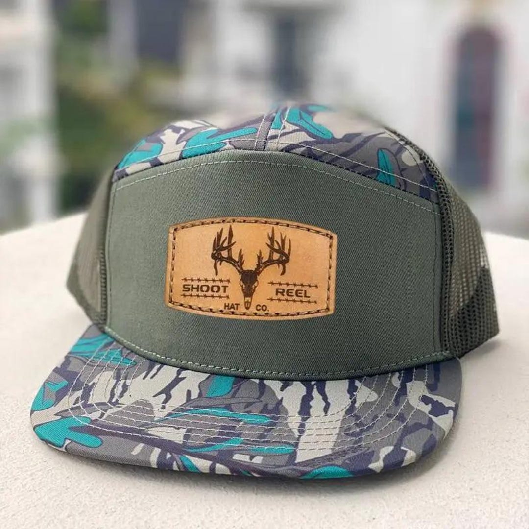 Deer Antler Leather Patch Hat, Premium 7 Panel Trucker Cap, Rustic ...