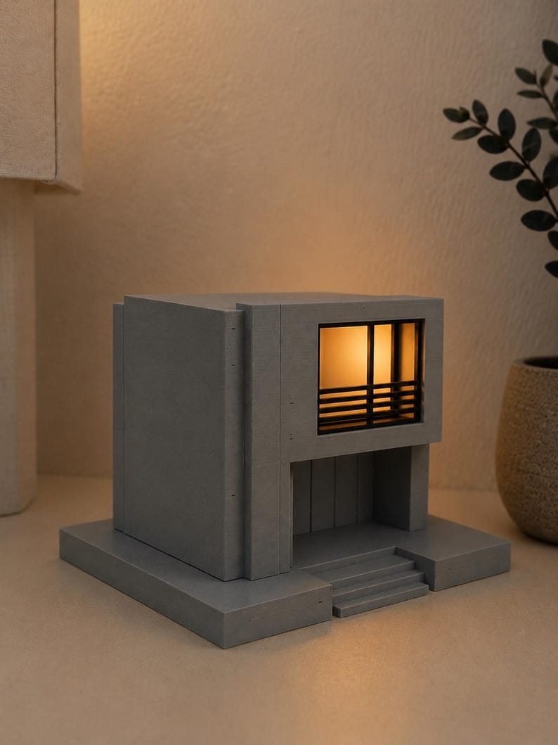 Brutalist House Lamp, Architectural Night Light, Concrete Style LED ...