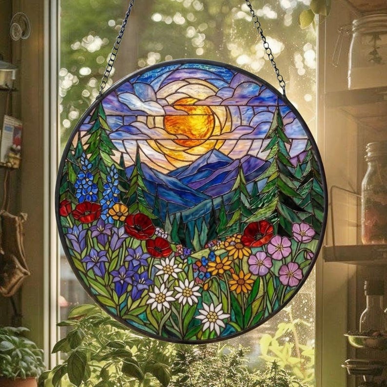 Stained Glass Mountain Suncatcher, Sunset Landscape Window Art, Nature ...