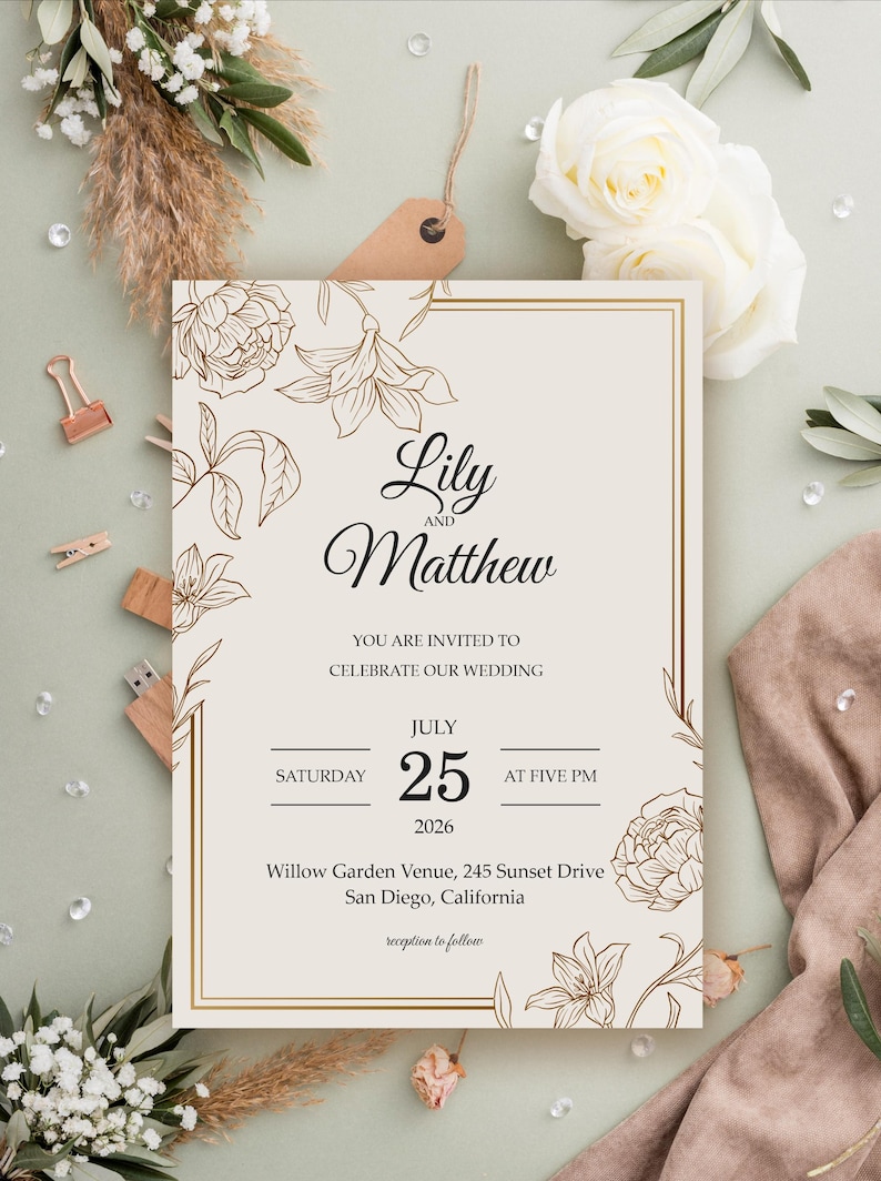 Personalized Wedding Invitation Cards, Elegant Floral Design, 5x7 and ...
