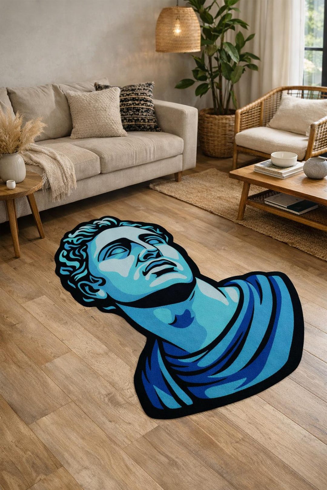 Blue Statue Art Rug, Modern Statement Area Rug, Artistic Floor Decor ...