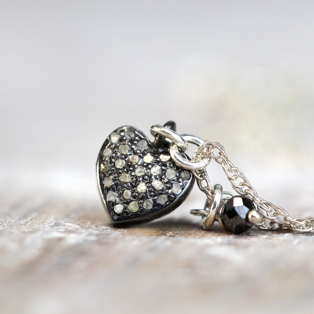 Black Diamond Heart Necklace Diamond Pave Jewelry Tiny Heart Necklace ...