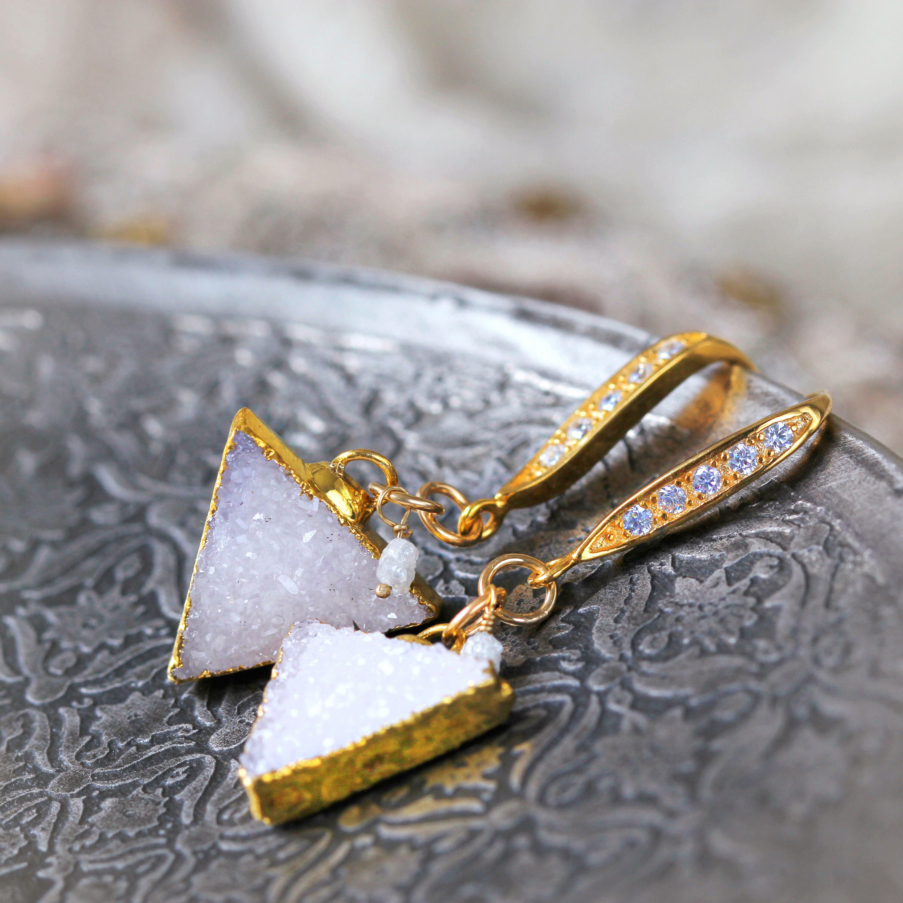 White Druzy & Rough Diamond Earrings - Geometric Triangle Earrings