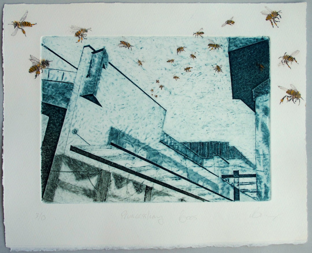 Urban Bees Fine Art Print: Drypoint Collagraph With Watercolor - Etsy
