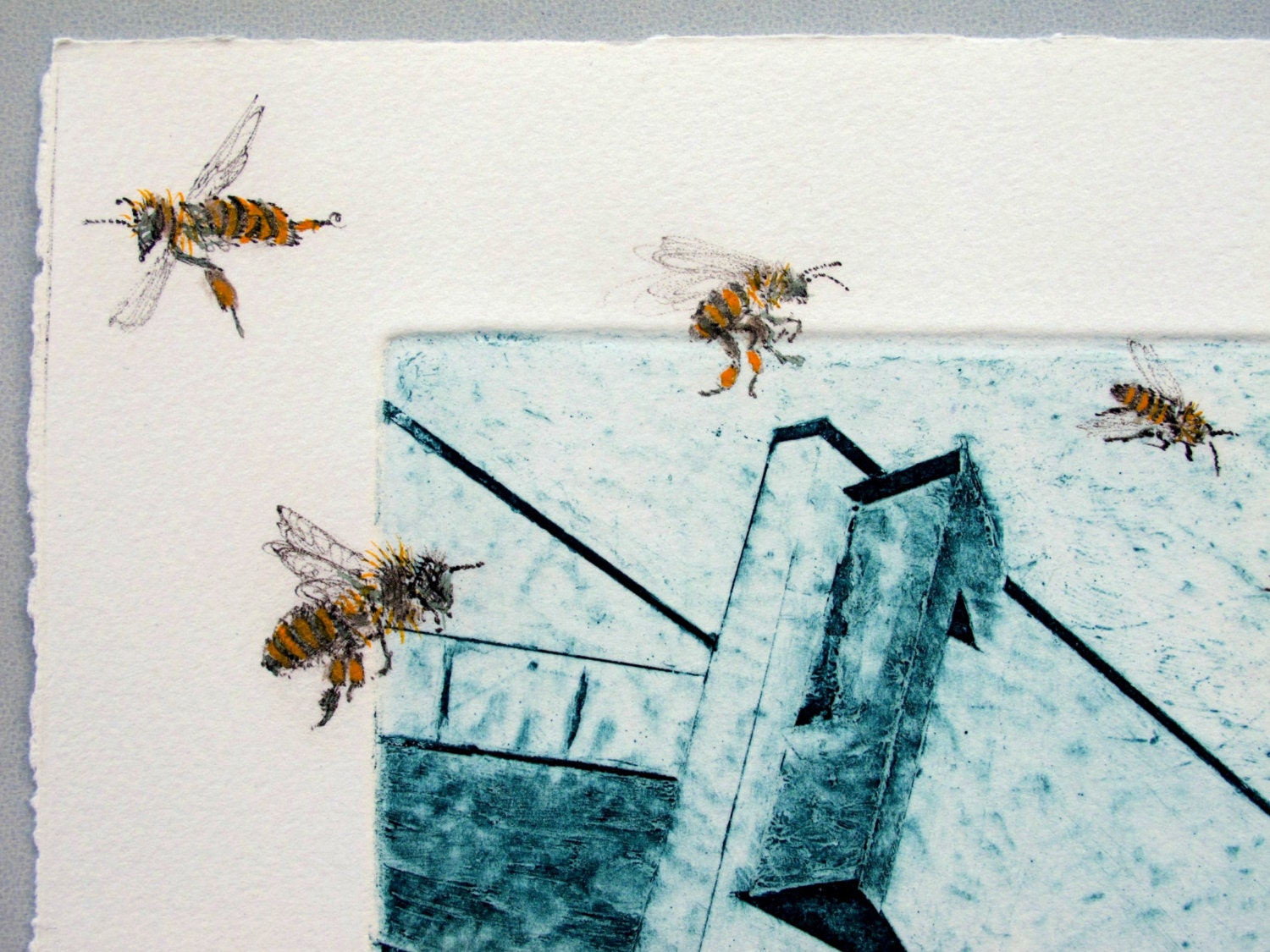 Urban Bees Fine Art Print: Drypoint Collagraph With Watercolor - Etsy