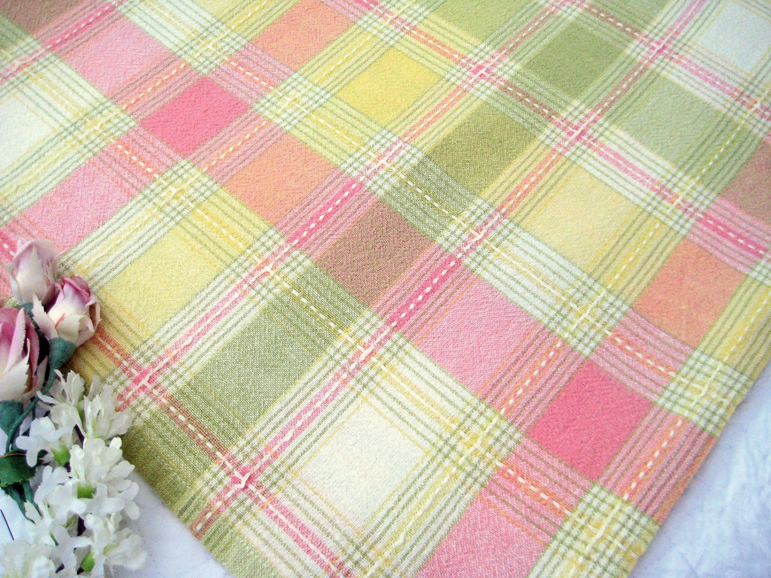 Vintage Plaid Tablecloth Pastel Pink Yellow Green Cotton | Etsy