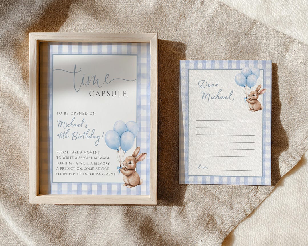 Bunny Time Capsule & Note Card, Boys First Birthday Party Sign, Blue ...