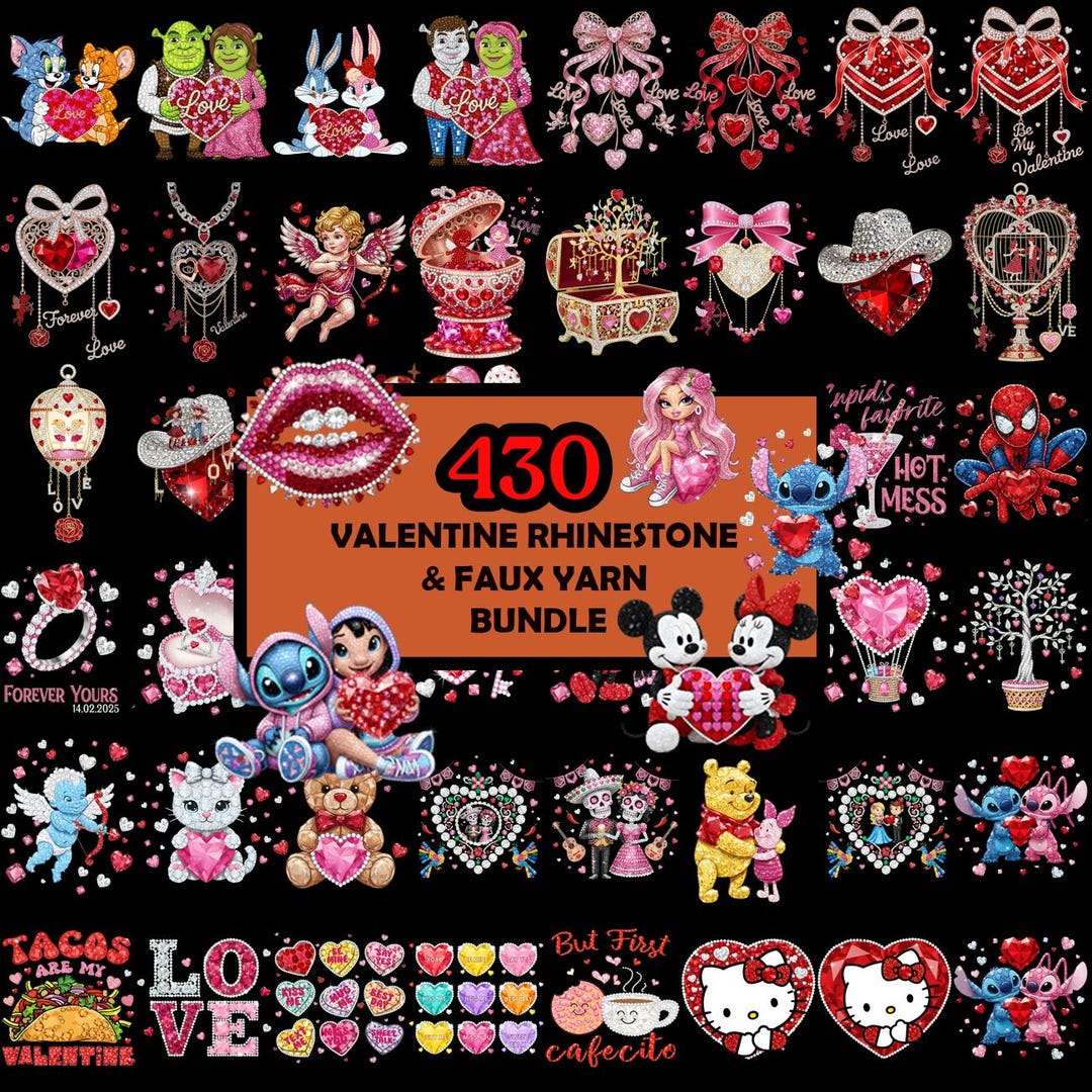 430 Valentine Rhinestone & Faux Yarn PNG Bundle, Bling Crystal, Crochet ...