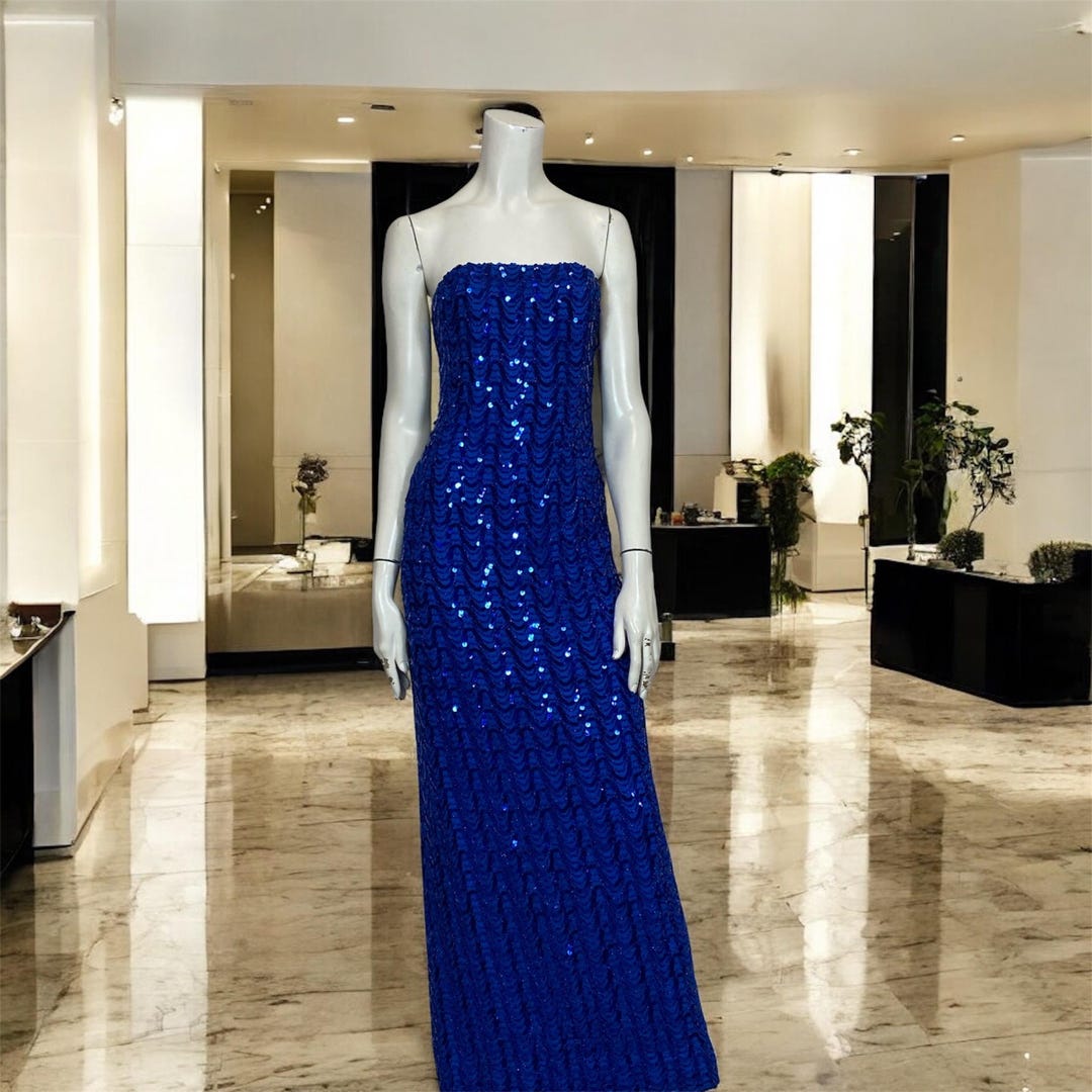 70s Mike Benet Formals Blue Sequin Evening Gown XS - S| Full Length ...