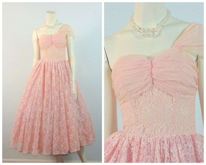 50s 60s Pink Lace Prom Dress 50s 60s Pink Lace Wedding Dress Pastel ...