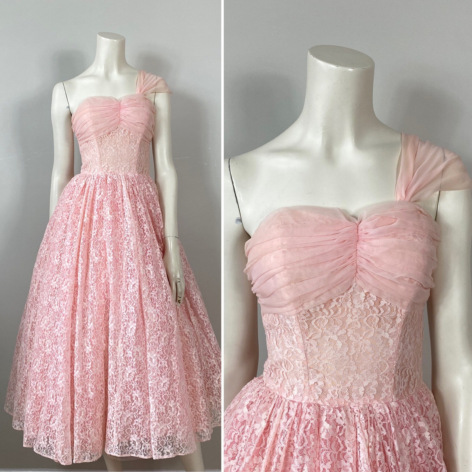 50s 60s Pink Lace Prom Dress| 50s 60s Pink Lace Wedding Dress| Pastel ...
