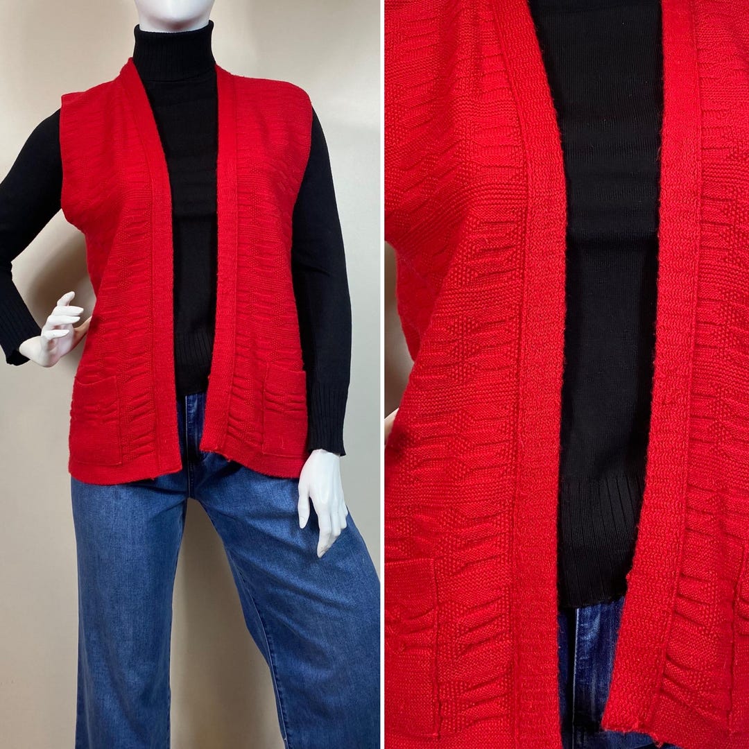 60s Cuddle Knit Red Vintage Knit Vest WITH Pockets! Large - Extra Large ...