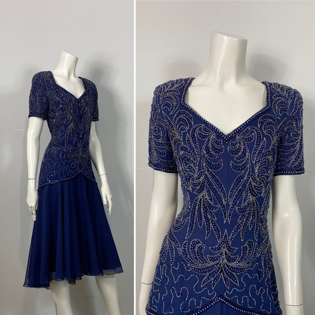 80s 90s Beaded Evening Gown 80s Golden Girls Evening Gown Navy Blue ...