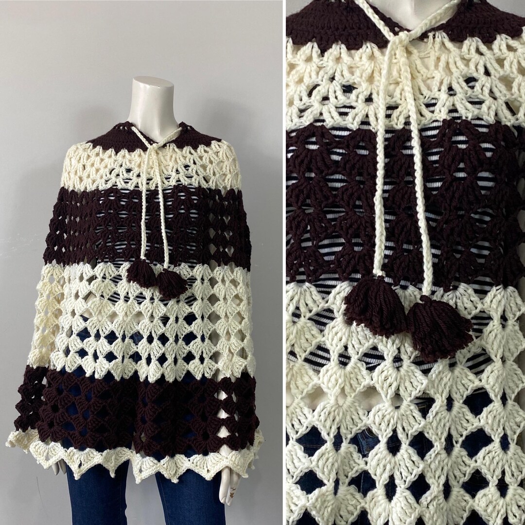 60s 70s Knit Cape Poncho Sweater Brown & Cream Striped| Fall Autumn ...