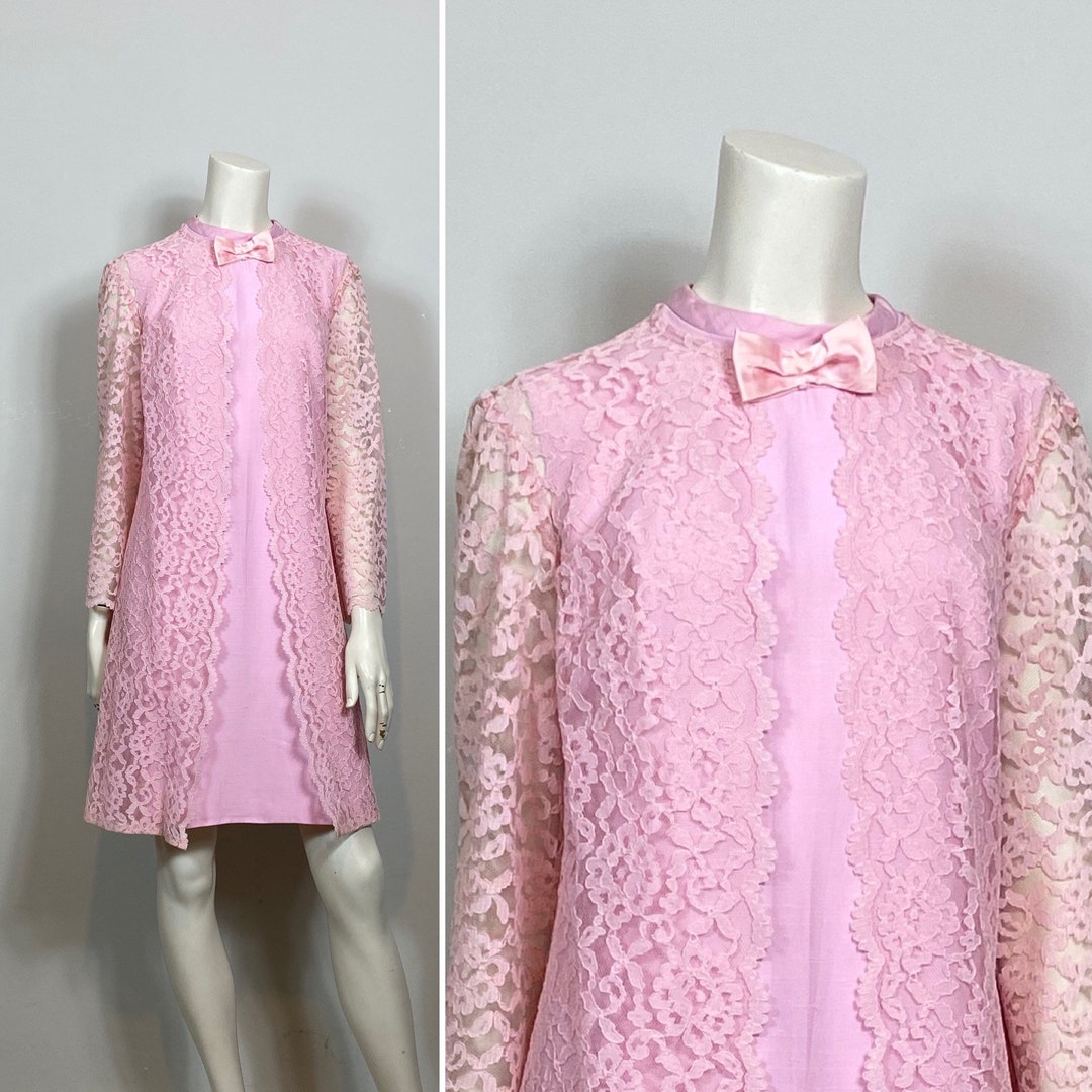 60s Mod Pink Lace Jacket & Dress Set pink Lace Elegance Metal Zipper ...