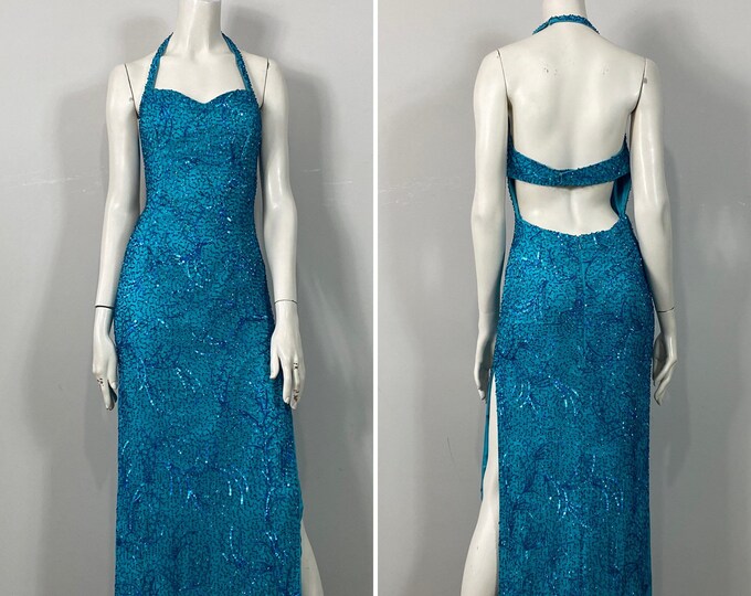 Y2K Prom Dress| Teal Beaded 2000s Prom Dress| Teal Beaded Halter Neck ...