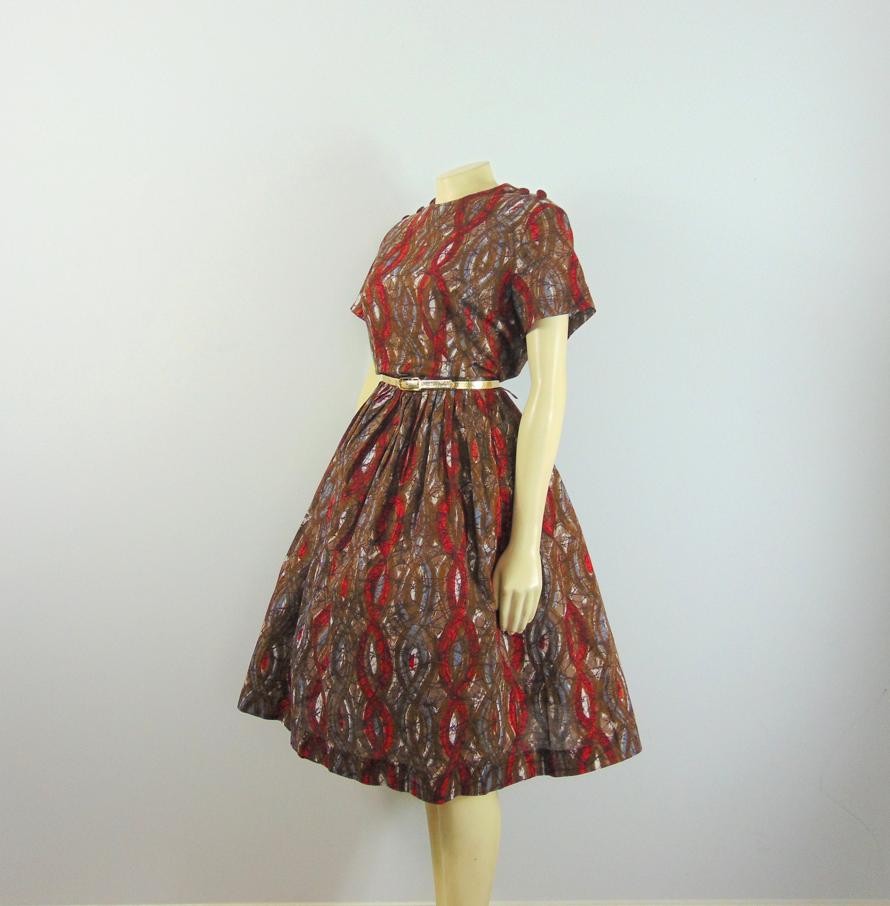 1950s 50s Bouffant Dress Vintage Shirtwaist Dress Brown Red | Etsy