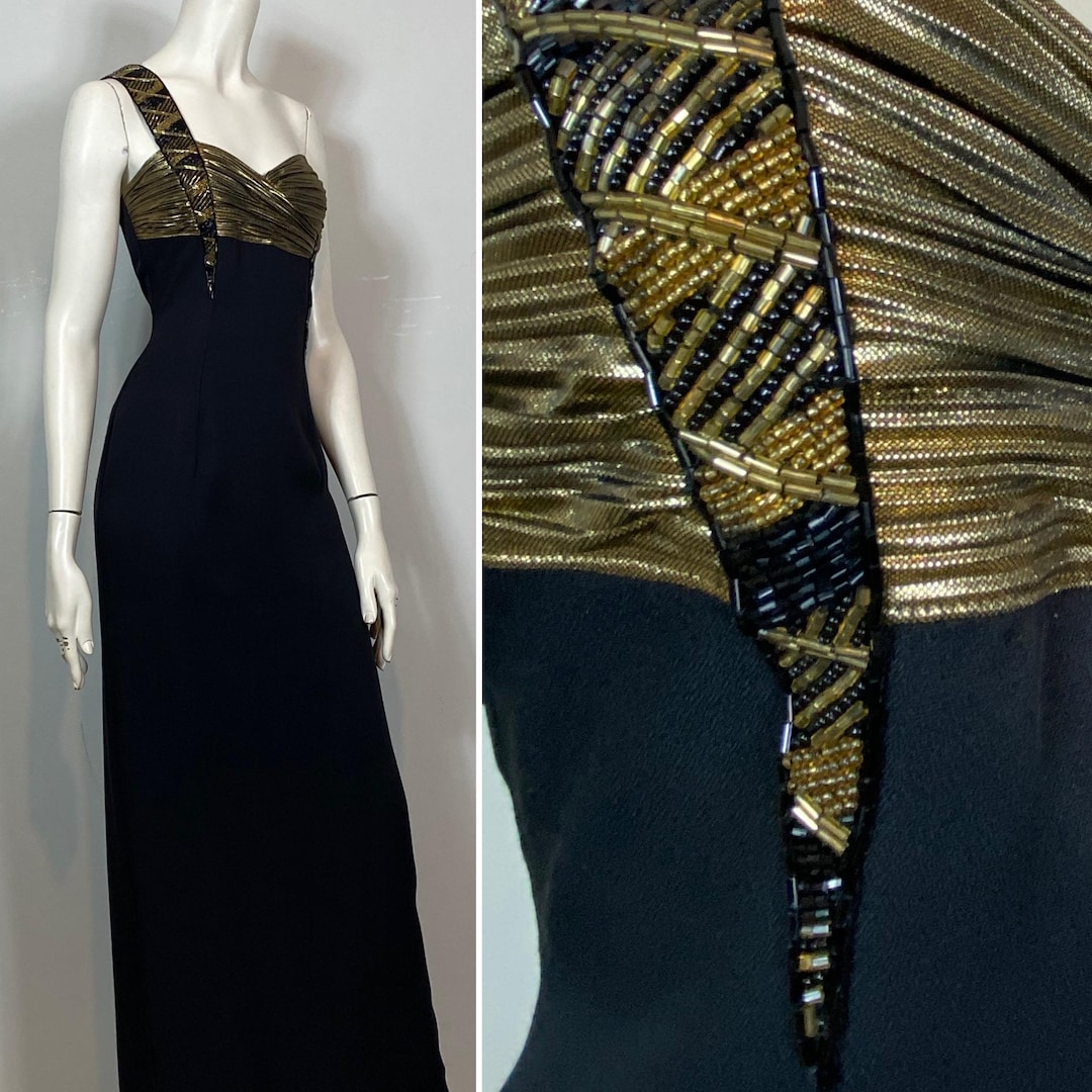 90s Prom Dress| 90s Evening Gown| 90s Ever Beauty Black Gold Beaded ...