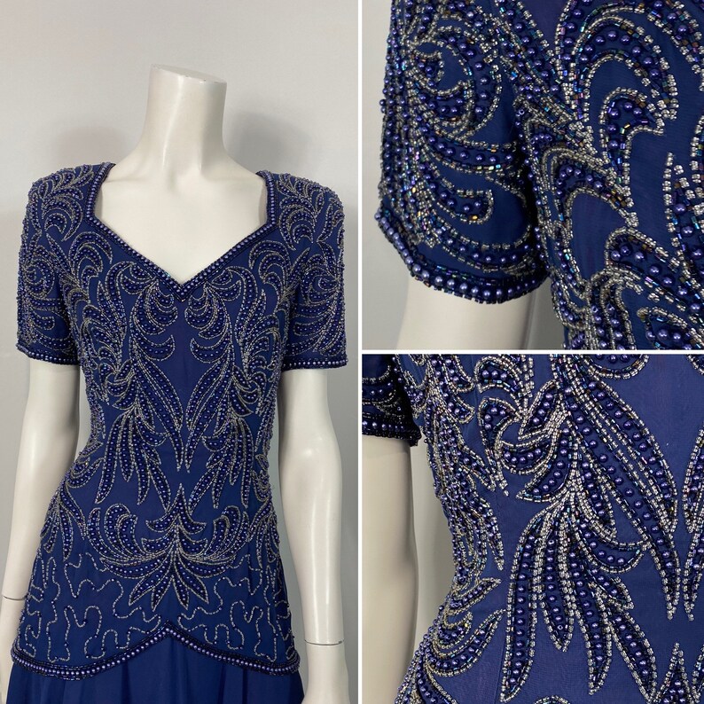 80s 90s Beaded Evening Gown 80s Golden Girls Evening Gown Navy Blue ...