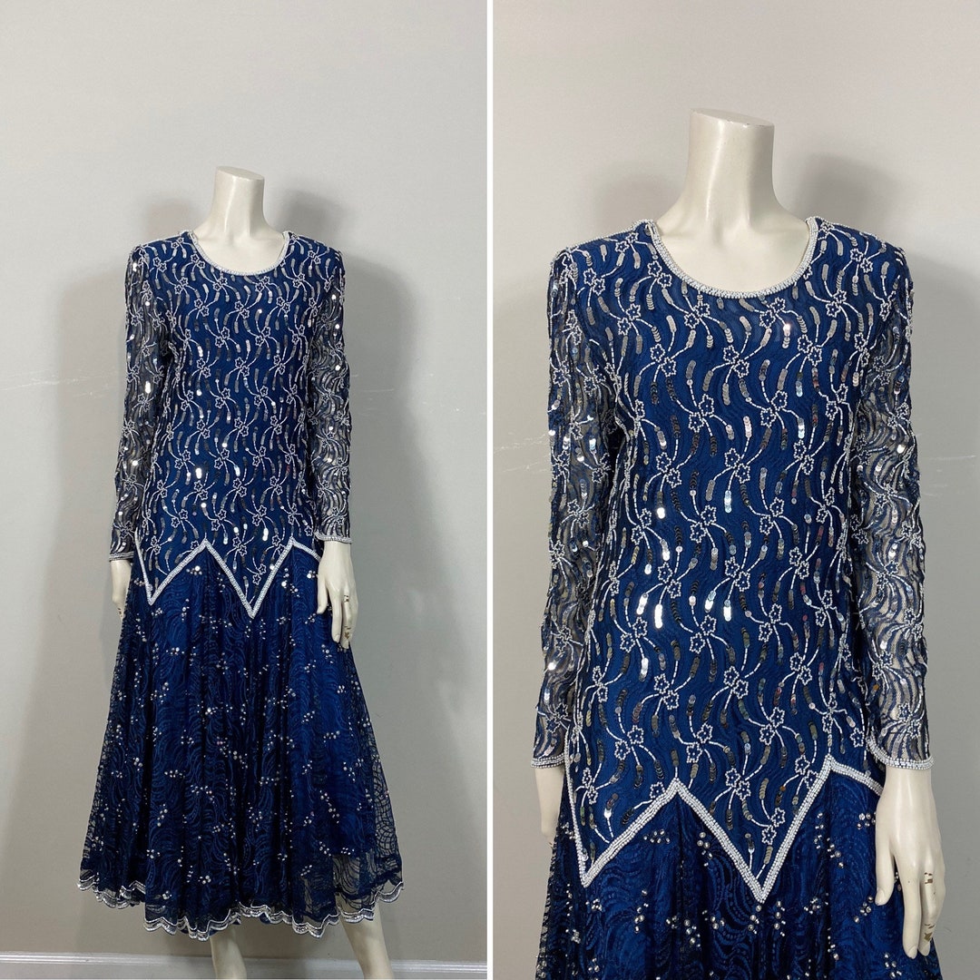80s Sequin Lace Drop Hip Dress 80s Megere Navy Blue Black Silver Sequin ...