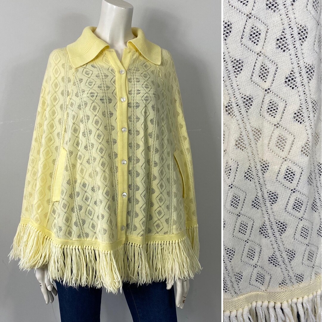 60s 70s Knit Poncho Cape| 60s 70s Button up Fringe Poncho| Vintage ...
