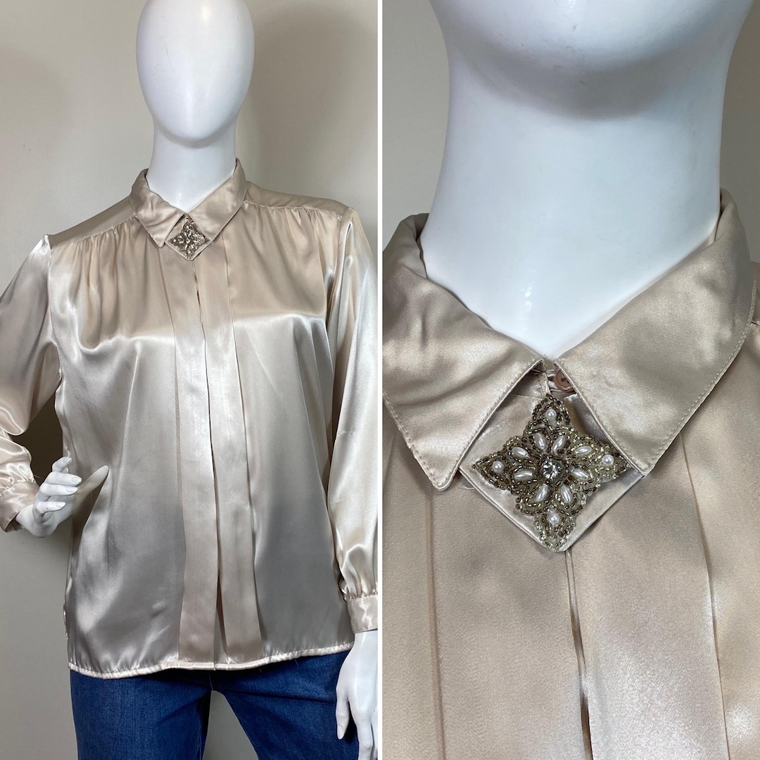 Versatile 90s Champagne Satin Blouse Impressions W/ Removable Pearl ...
