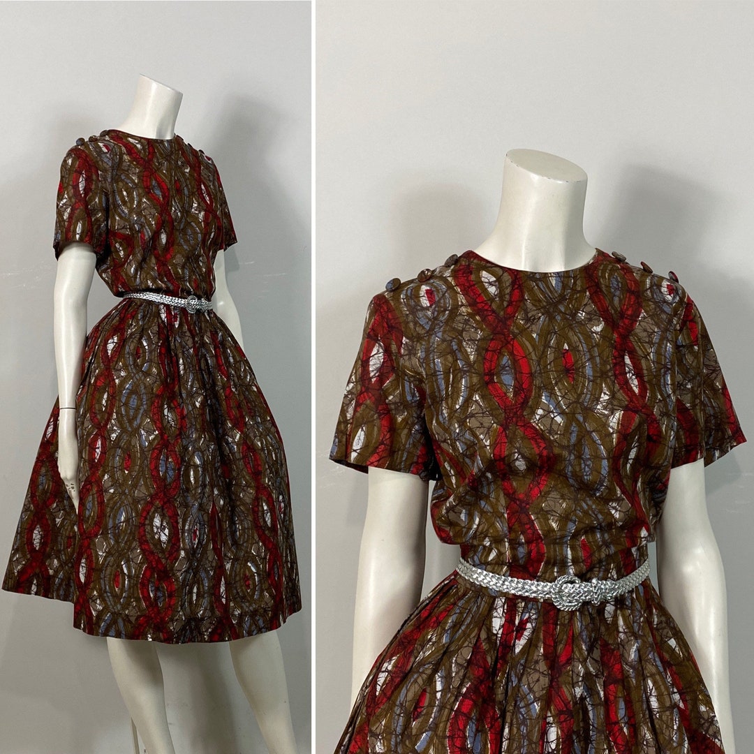 1950s 50s Bouffant Dress Vintage Shirtwaist Dress Brown Red - Etsy