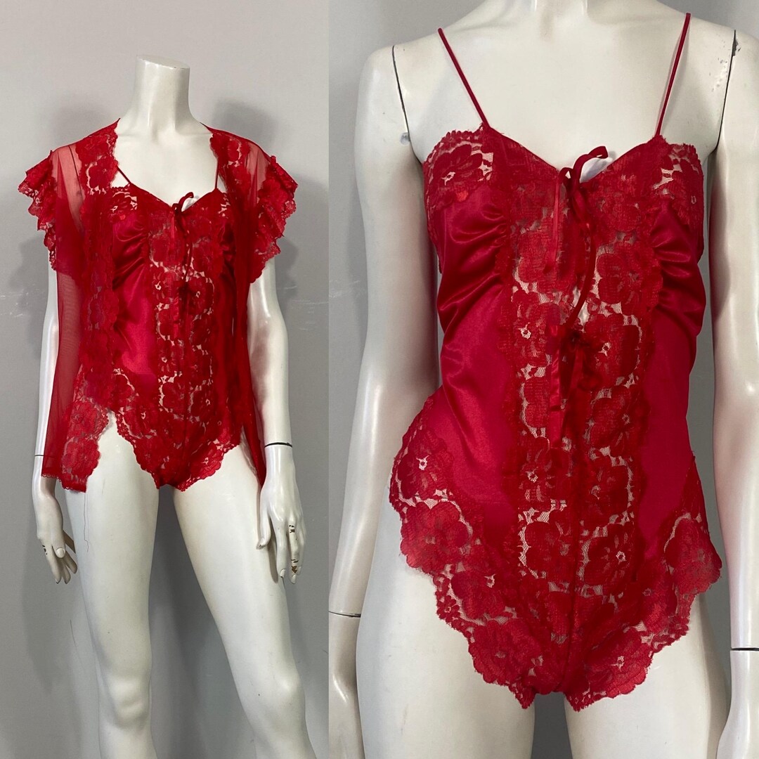 70s 80s Red Lingerie Set| 70s 80s Vintage Teddy Lingerie & Robe Set ...