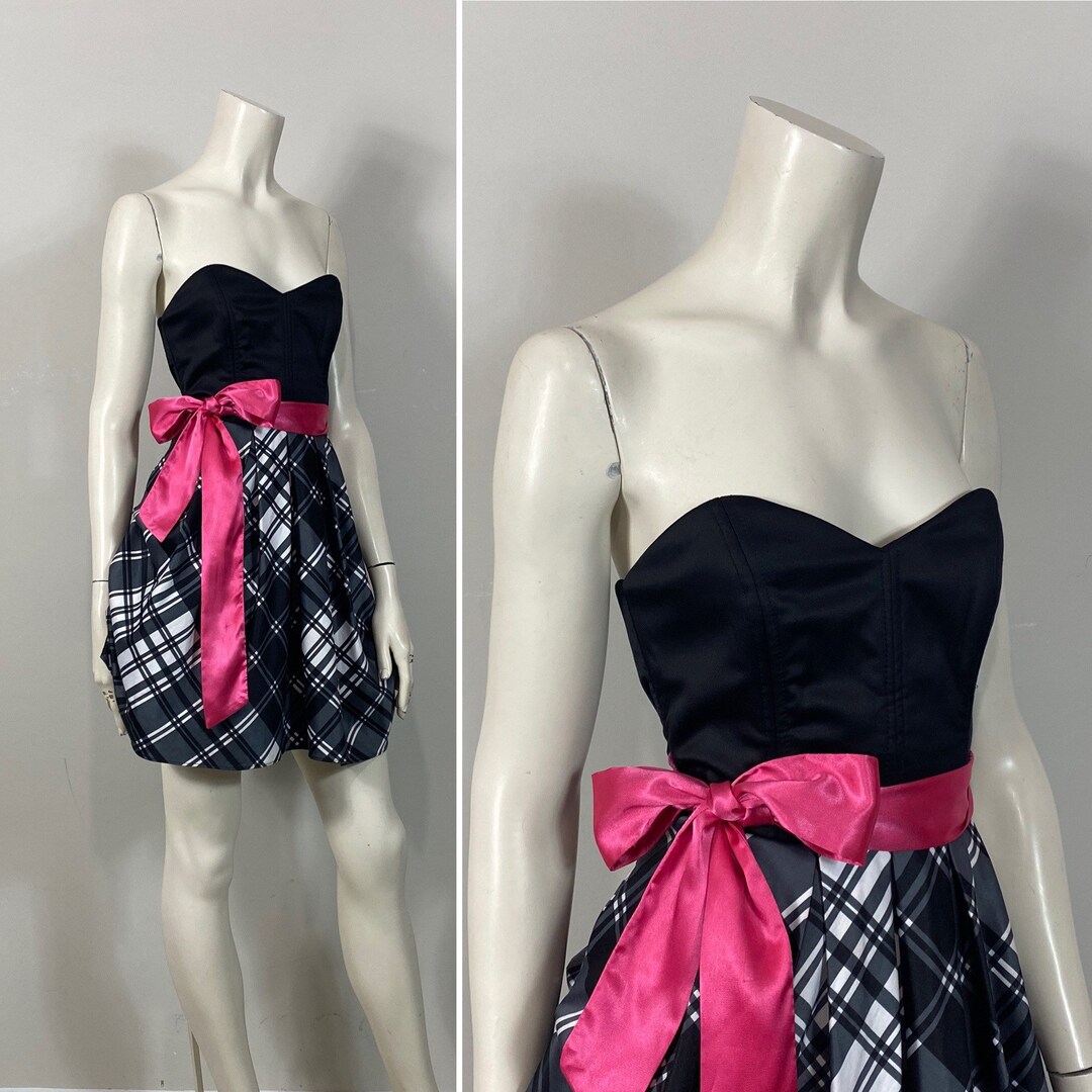 Y2K Prom Dress| Black White Hot Pink Y2K Prom Dress| Black White Plaid ...